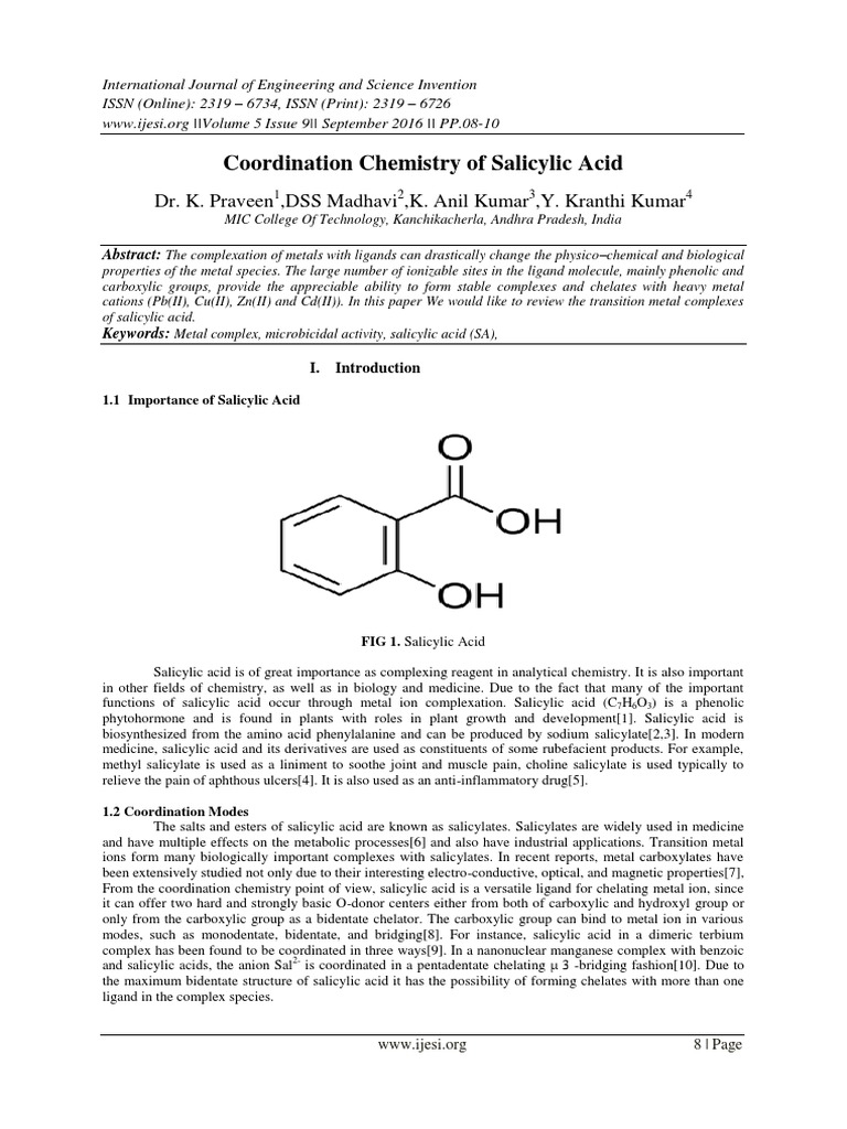 Coordination Chemistry of Salicylic Acid | PDF | Coordination Complex | Chelation