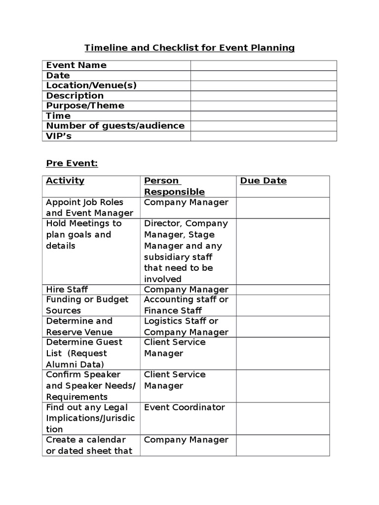 Timeline and Checklist For Event Planning Event Name Date Location ...
