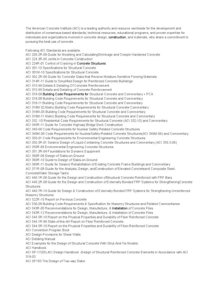 Aci Code List | PDF | Reinforced Concrete | Concrete