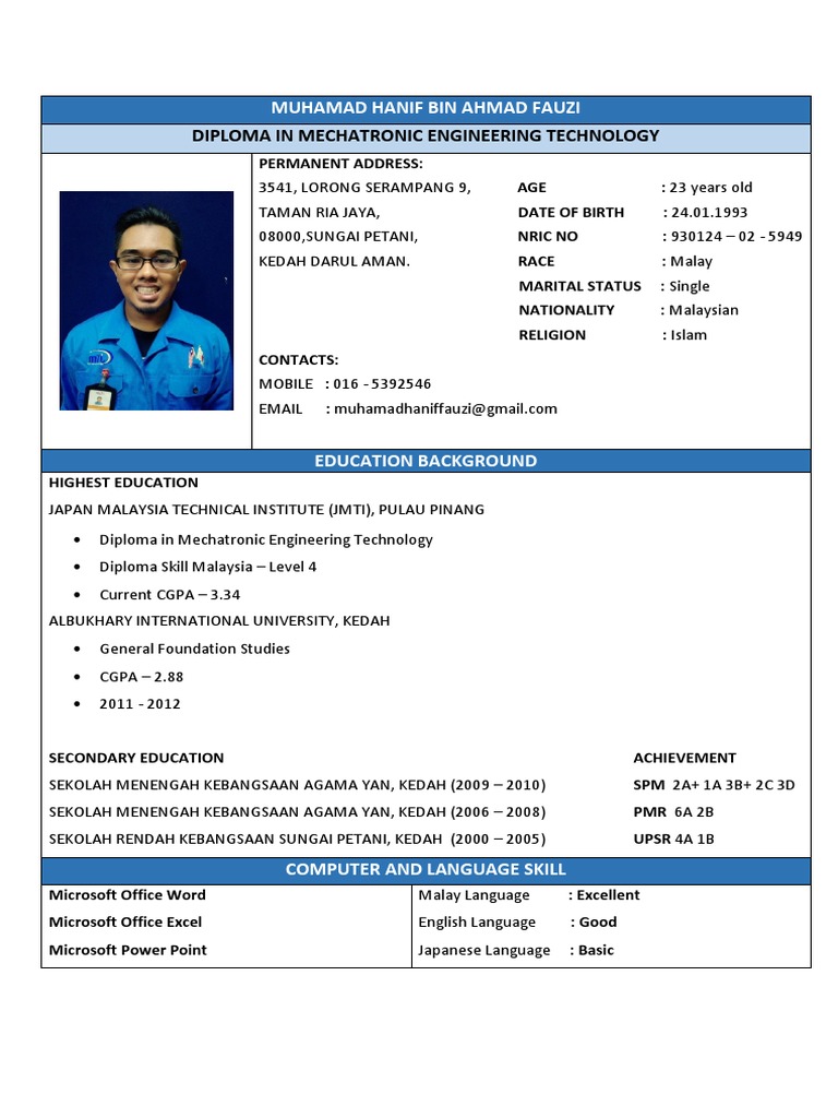 Diploma in Mechatronic Engineering Resume | PDF | Career & Growth