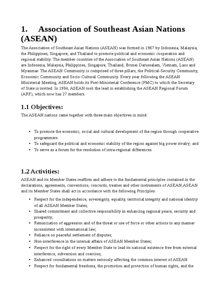 Association Of Southeast Asian Nations Asean 1 1 Objectives Pdf