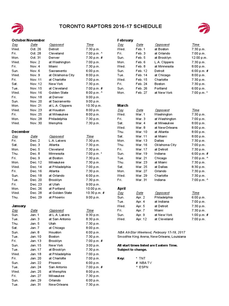 The Toronto Raptors 2016-17 Schedule: Game Dates, Opponents, and Times ...