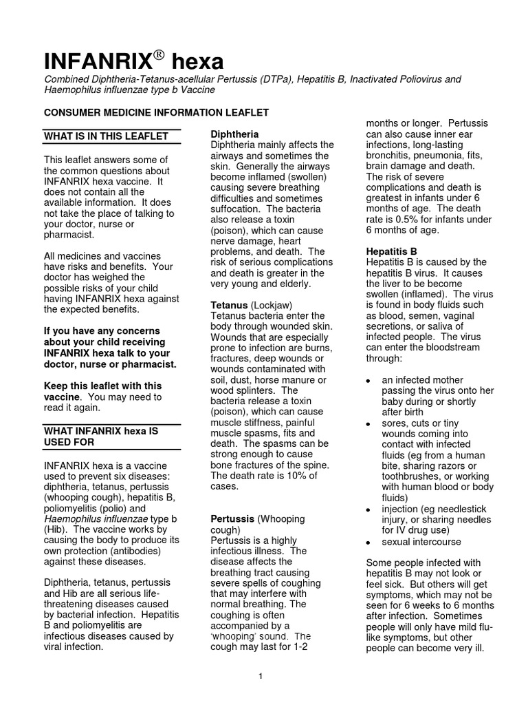 Infanrix Hexa (Preservative Free) CMI PDF Clean PDF | PDF | Vaccines ...