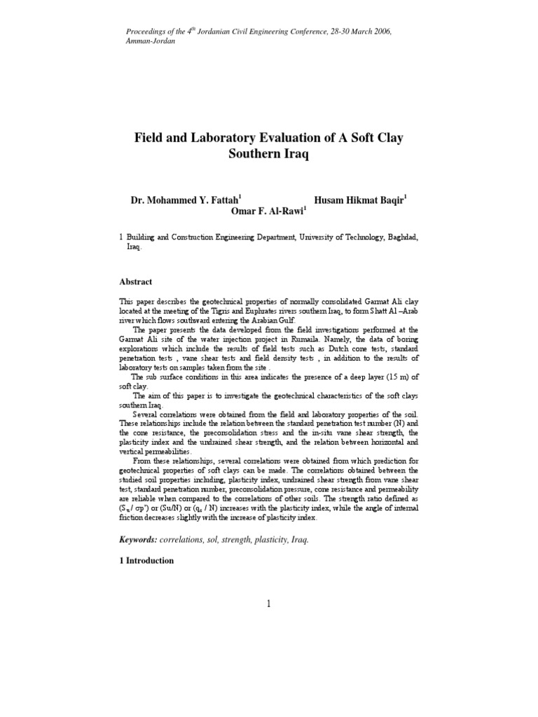 Field and Laboratory Evaluation of A Soft Clay Southern Iraq | PDF ...