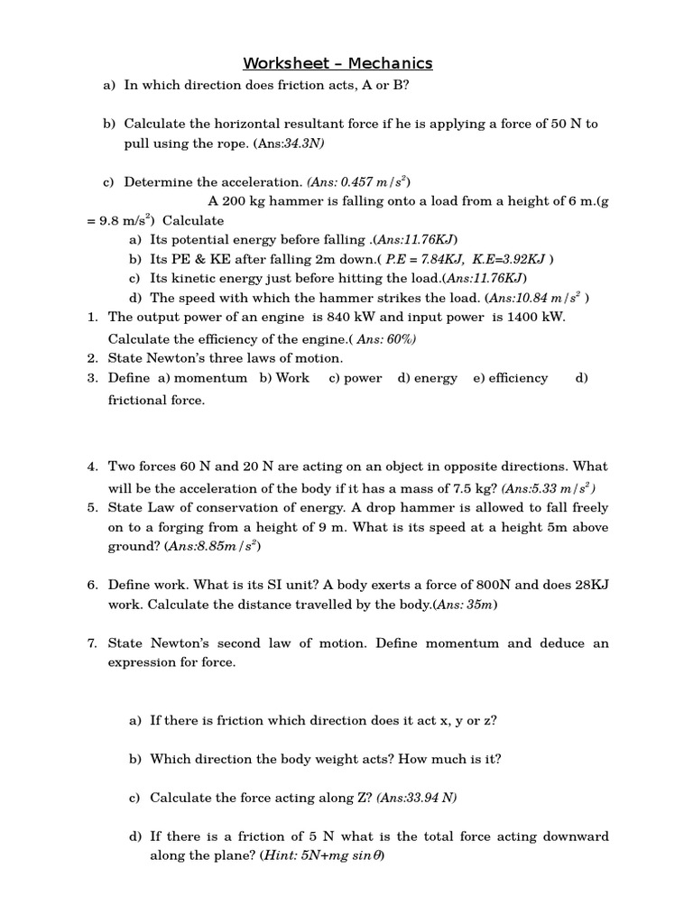 Worksheet - Mechanics: Ans:34.3N | PDF | Teaching Methods & Materials