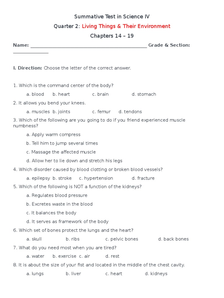 Grade 4 Science Quarter 2 Test | PDF | Lung | Blood
