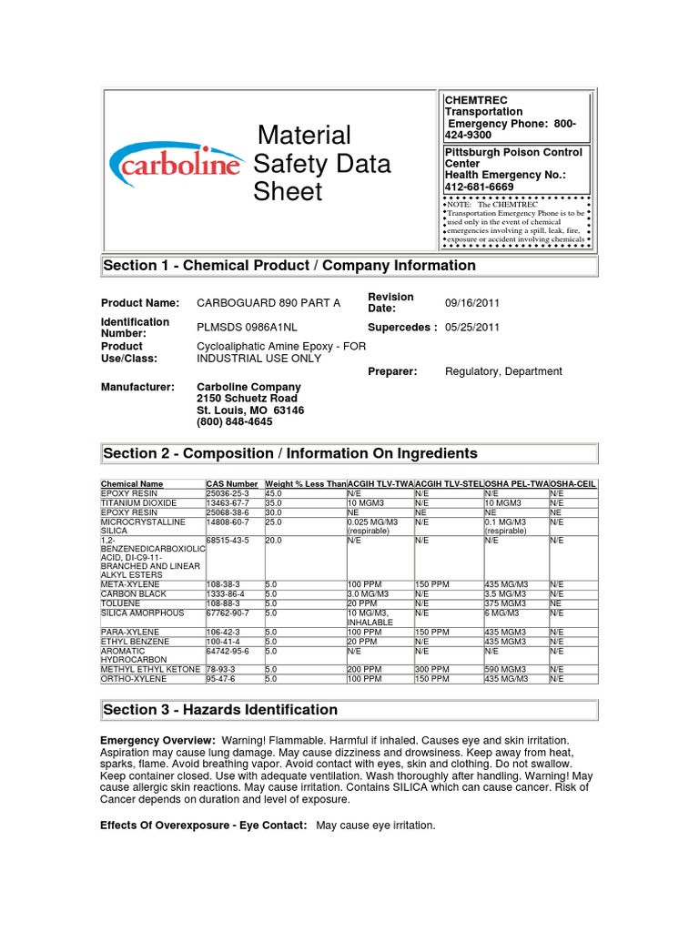 Carboline 890 Part A | PDF | Silicon Dioxide | Chemical Substances
