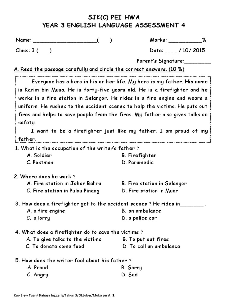 Year 3 English Language Assessment 4: SJK (C) Pei Hwa | PDF | Languages