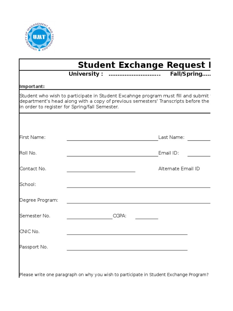 Student Exchange Request Form: University: .. Fall/Spring | PDF