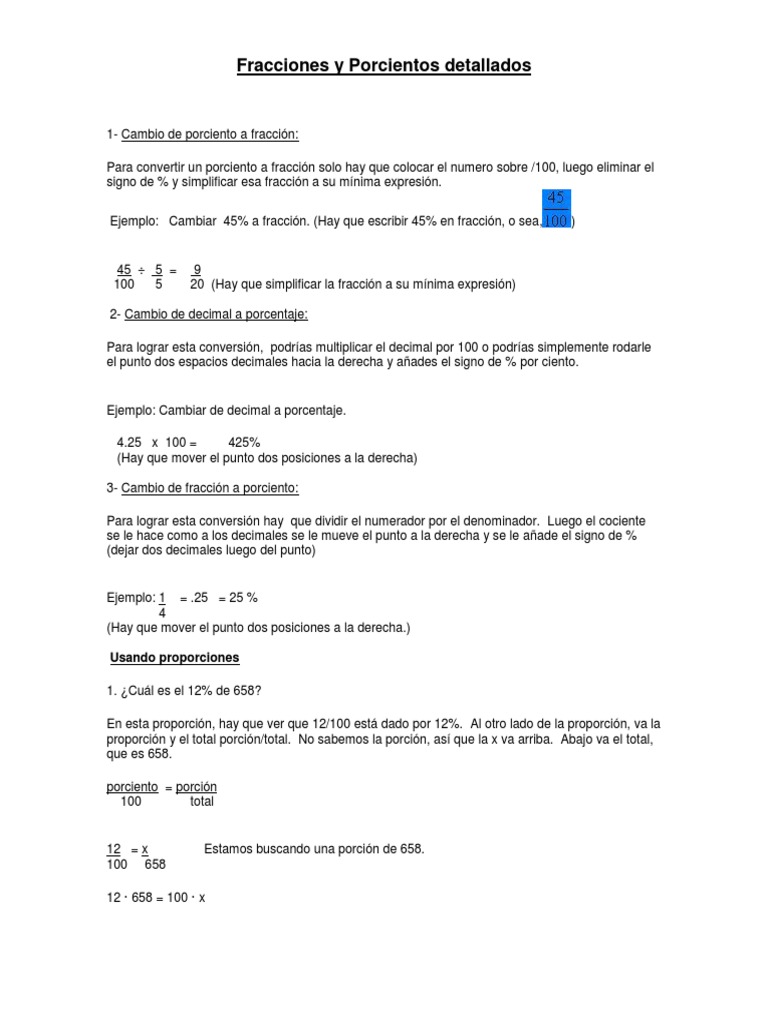 Conversión de Porcentajes y Fracciones | PDF | Fracción (Matemáticas ...
