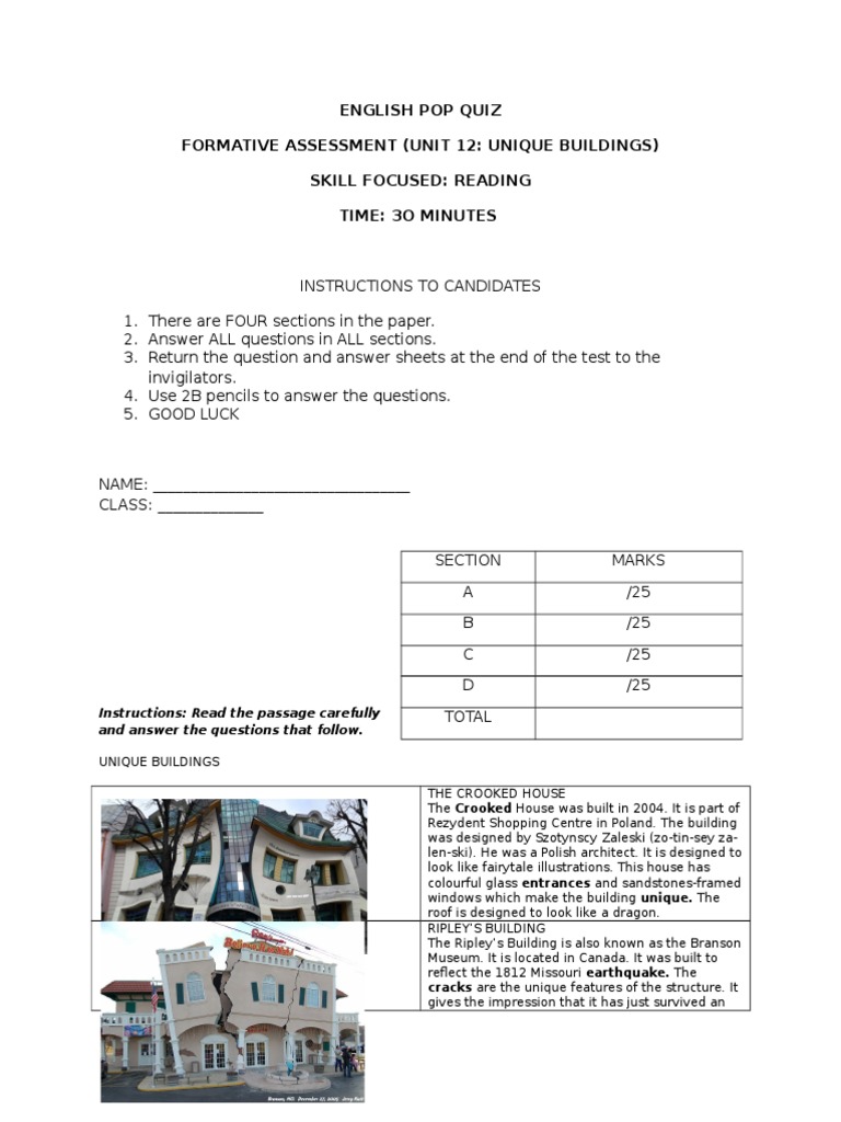 English Pop Quiz | Buildings And Structures | Nature