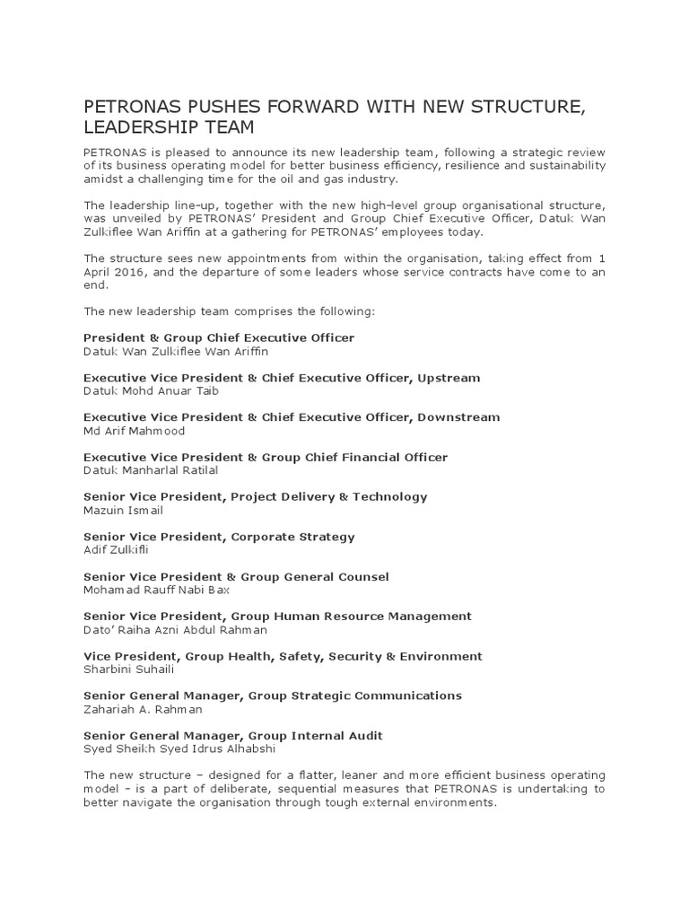 Petronas Pushes Forward With New Structure, Leadership Team | PDF ...