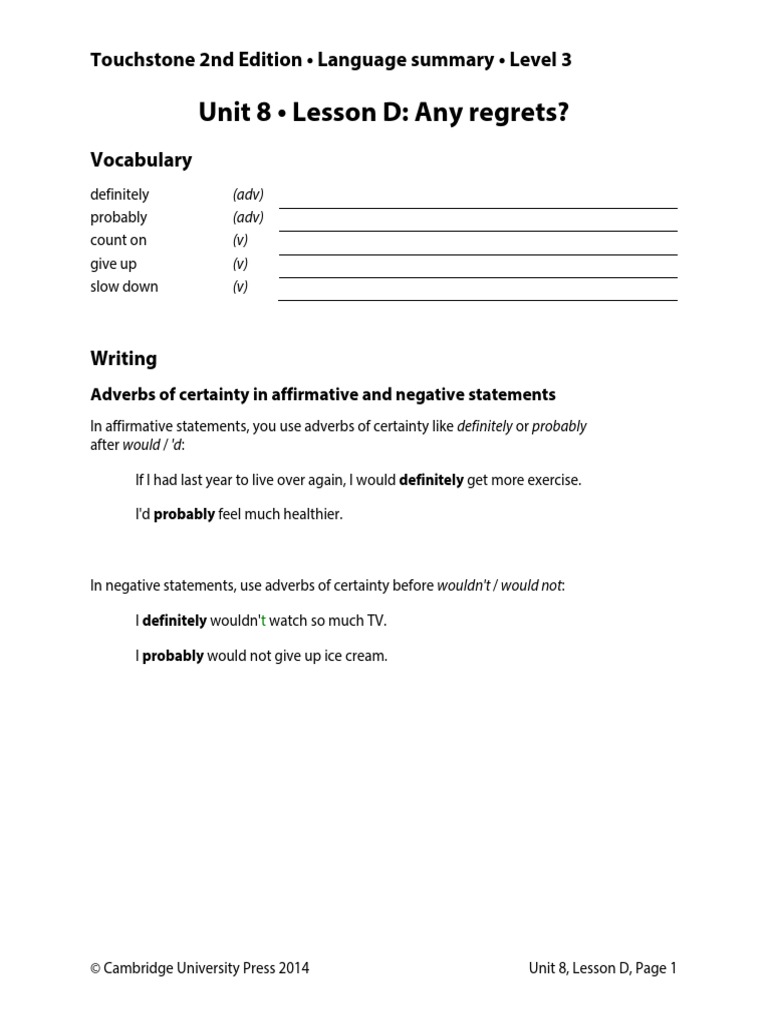 Unit 8 - Lesson D: Any Regrets?: Touchstone 2nd Edition - Language Summary - Level 3 | PDF