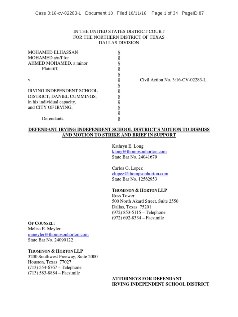 Defendant Irving Independent School District's Motion To Dismiss and ... Defendant Irving Independent School District's Motion To Dismiss and ...