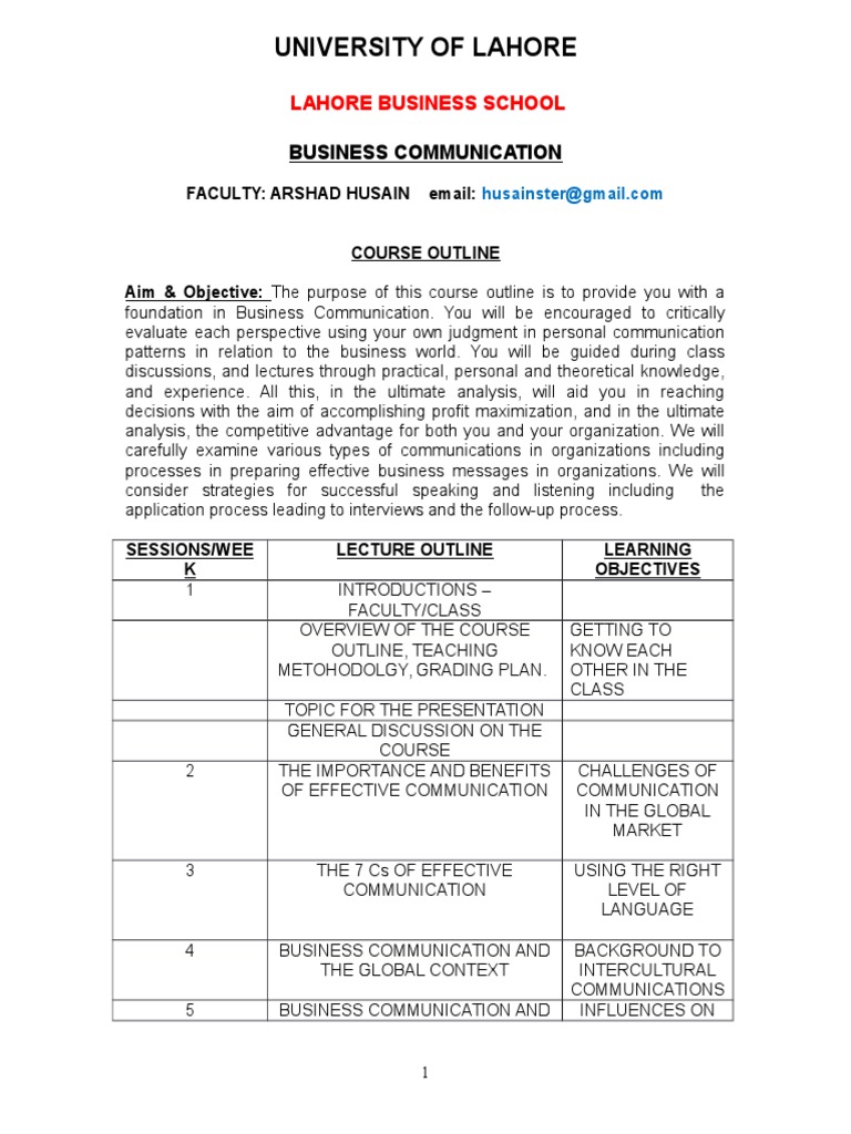 University of Lahore Business Communication Course Outline | PDF ...