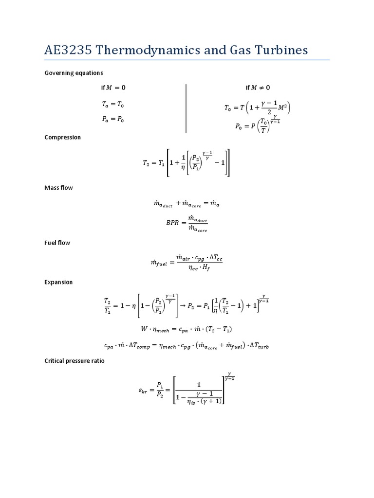 Gas Turbines Formula Sheet | PDF