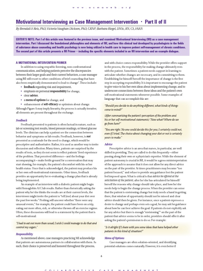 Motivational Interviewing As Case Management Intervention - Part II of ...