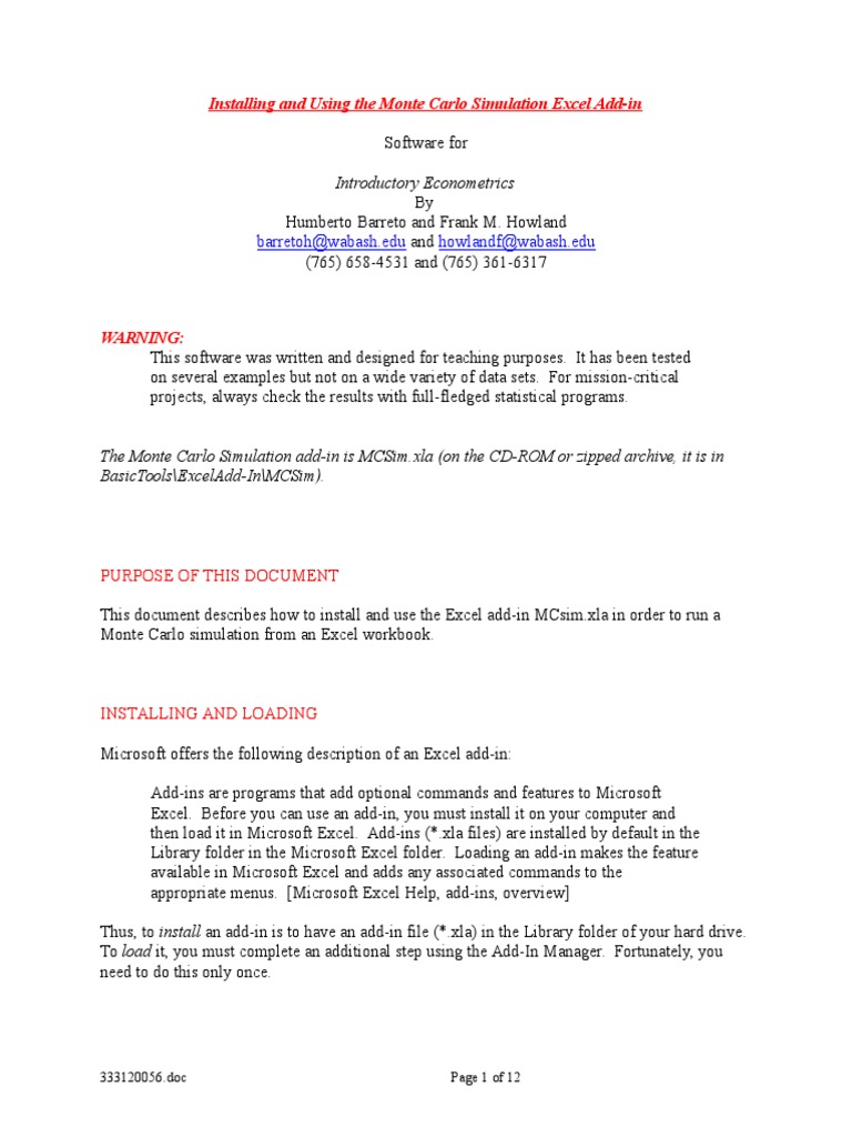 Introductory Econometrics: Installing and Using The Monte Carlo Simulation Excel Add-In | PDF ...