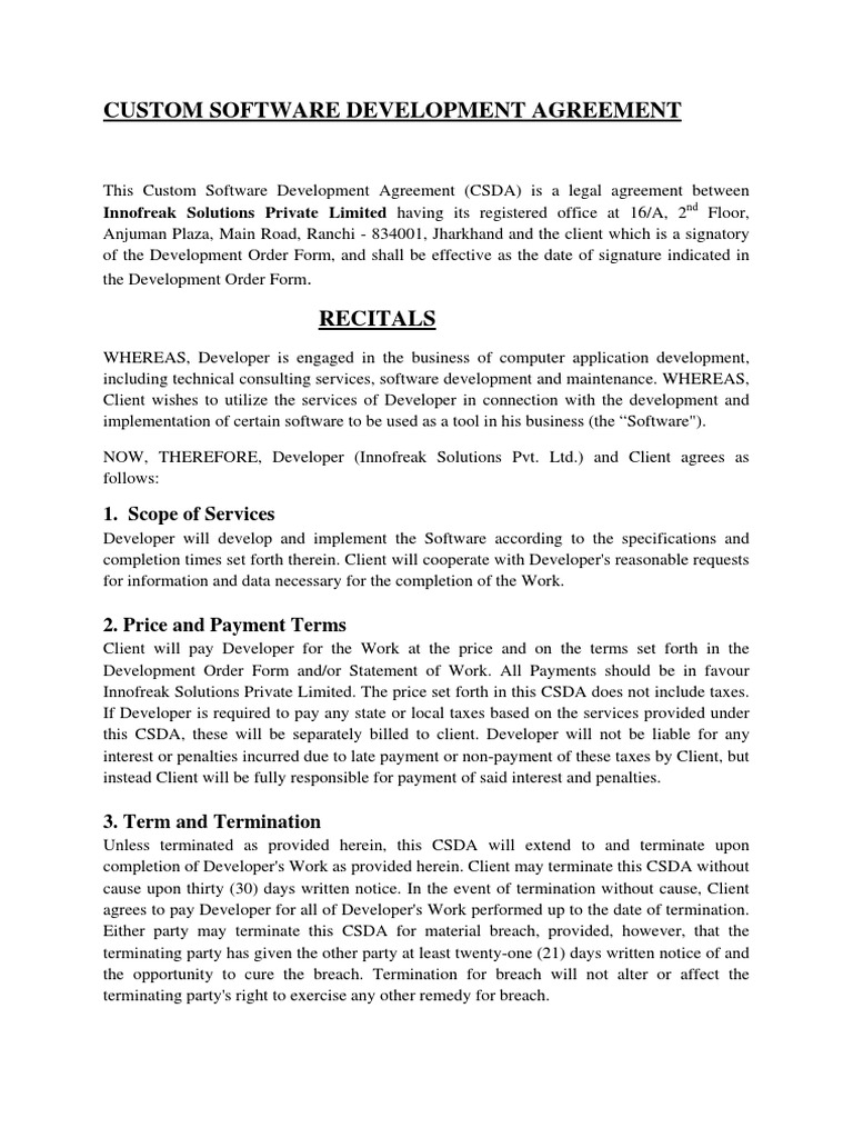 Software Development Agreement | PDF | License | Indemnity