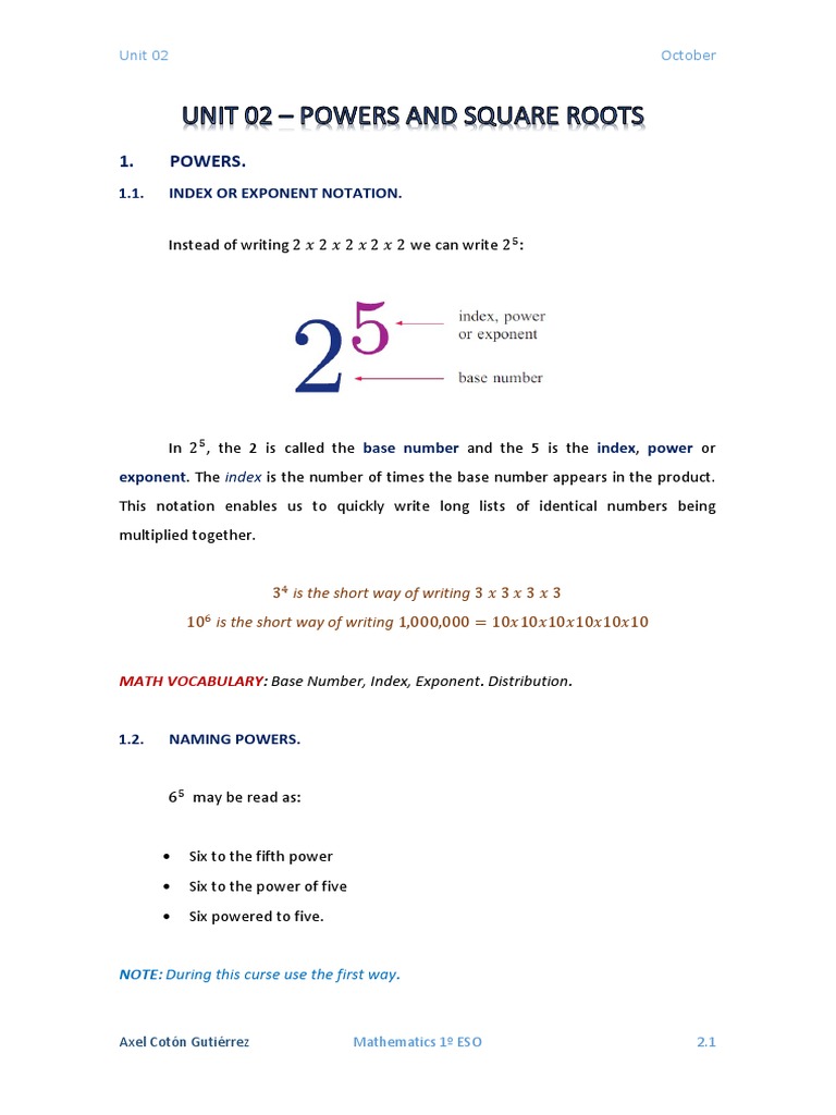 1 Eso - Unit 02 - Powers and Square Roots | PDF | Exponentiation ...