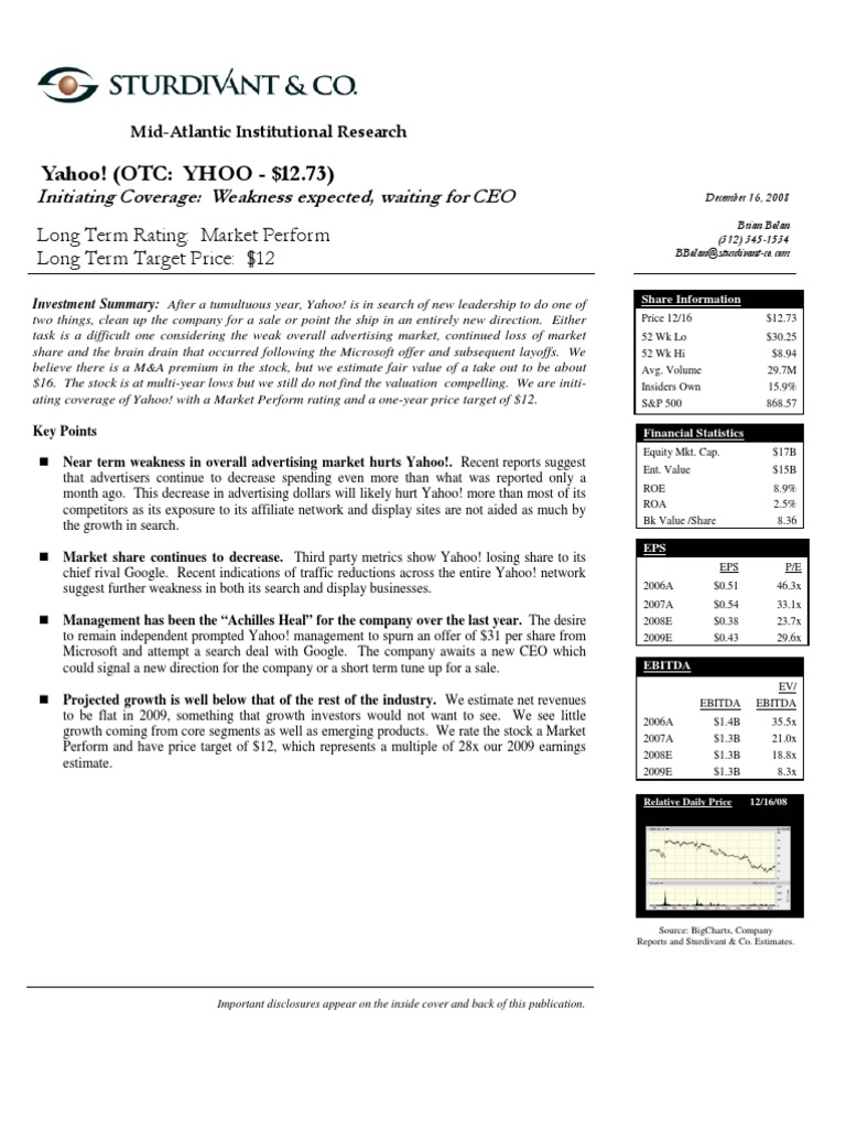 Yahoo! (OTC: YHOO - $12.73) : Initiating Coverage: Weakness Expected, Waiting For CEO | PDF ...