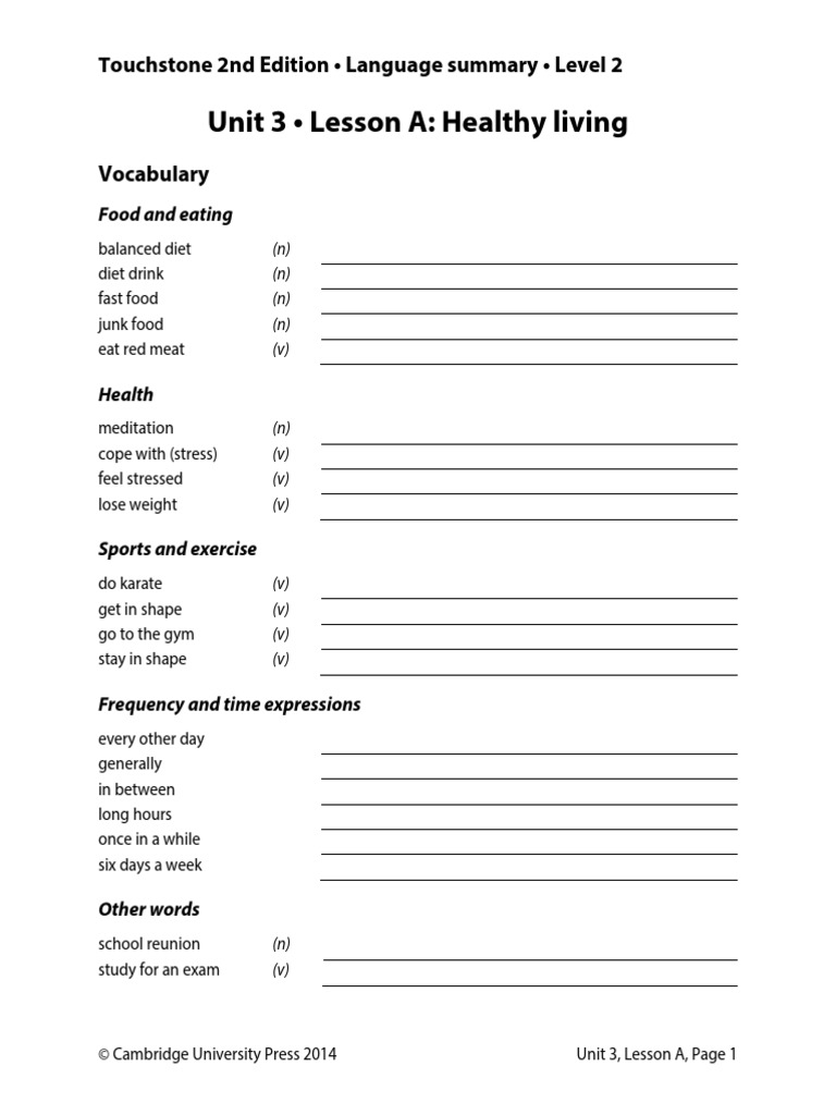 Unit 3 - Lesson A: Healthy Living: Touchstone 2nd Edition - Language Summary - Level 2 | PDF