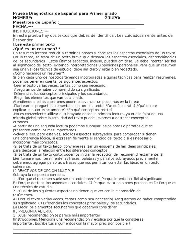 Prueba Diagnóstica de Español para Primer Grado | PDF | Abejas | Colmena