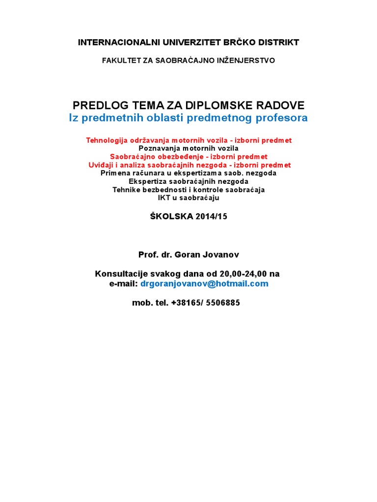 Teme Za Diplomske Radove - Doc. DR Goran Jovanov | PDF