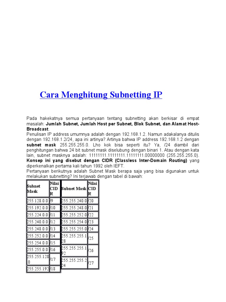 Cara Menghitung Subnetting IP | PDF | Metode & Bahan Ajar | Komputer