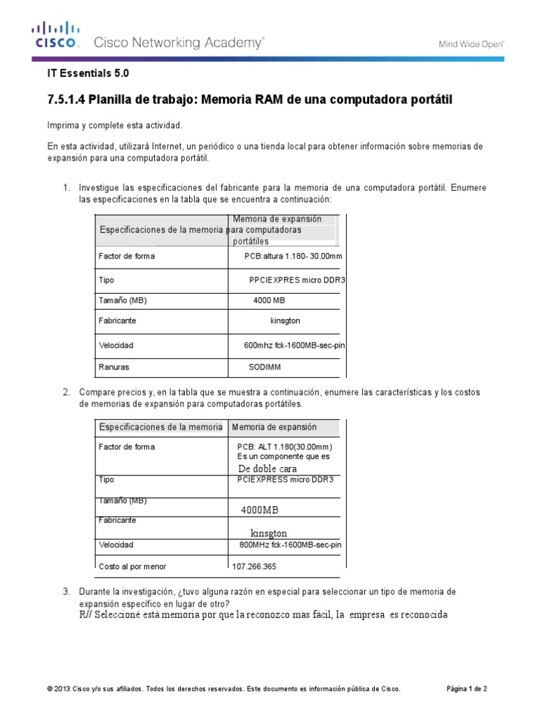 7.5.1.4 Worksheet - Laptop RAM | PDF