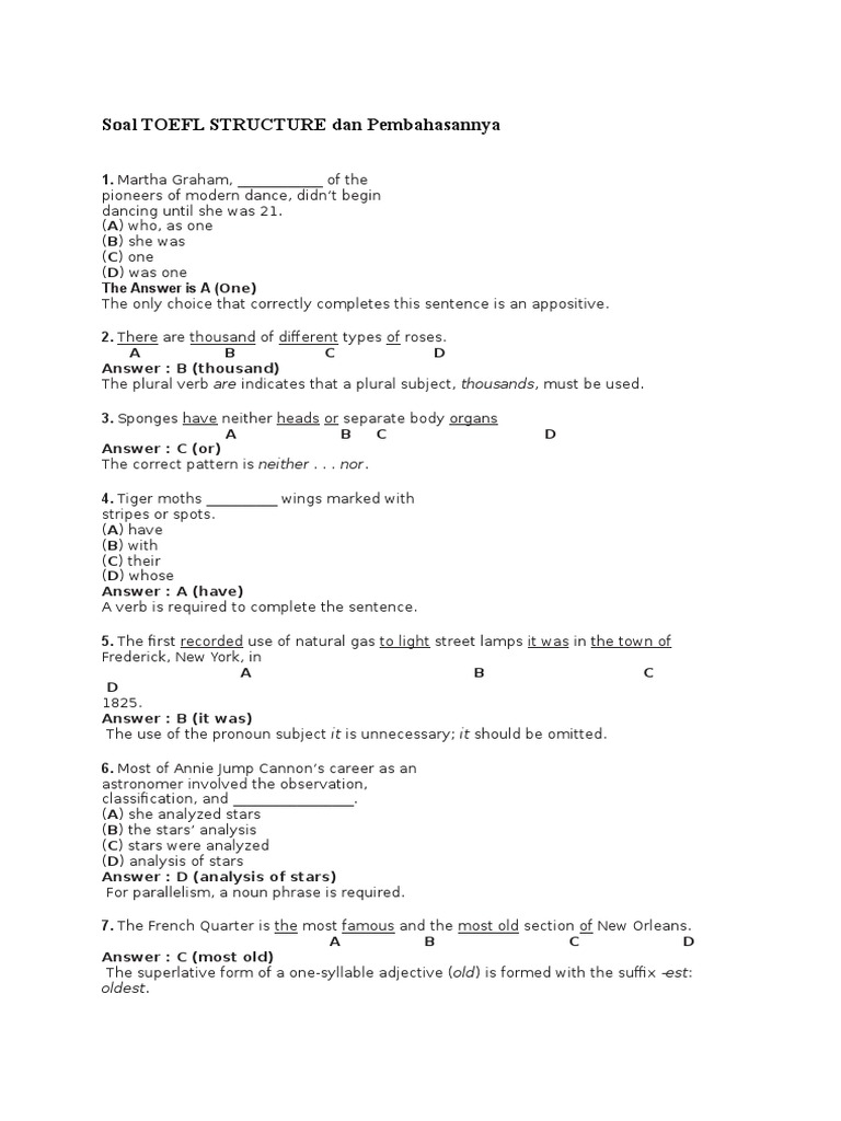 Soal TOEFL STRUCTURE Dan Pembahasannya | PDF | Adjective | Verb
