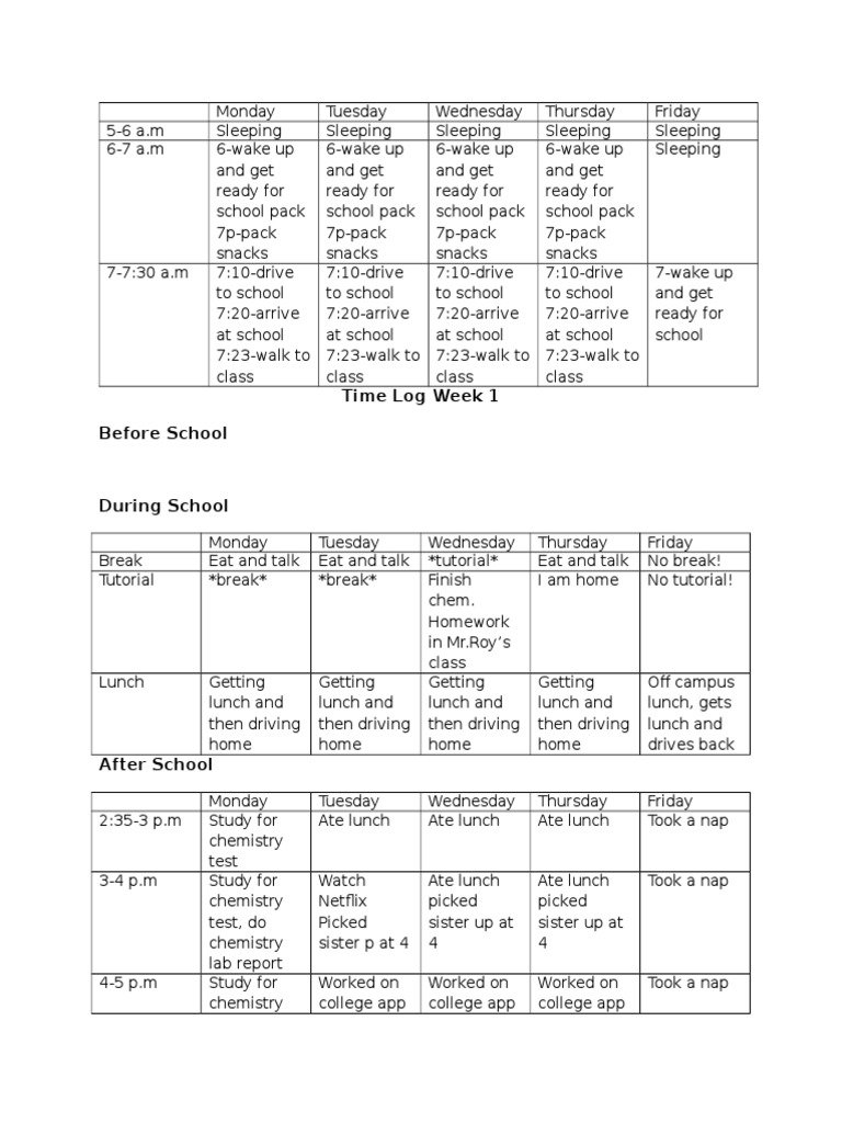 Time Log Week 1 Before School | PDF