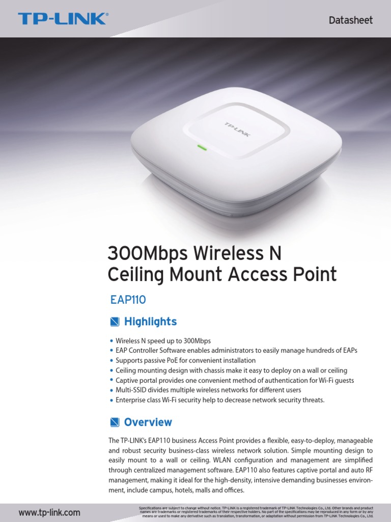 Tplink Ap EAP110 - V1 - Datasheet PDF | PDF | Wireless Lan | Wi Fi