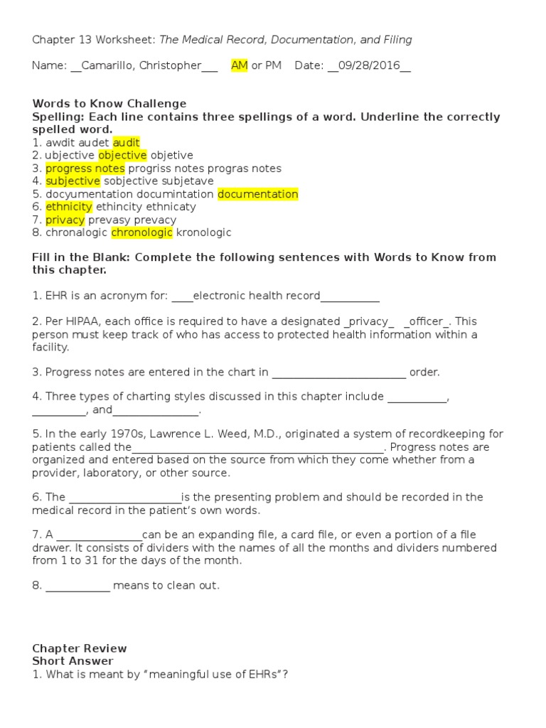 Chapter 13 Worksheet | PDF | Medical Record | Physical Examination