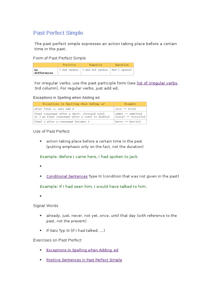 Past Perfect Simple | PDF | Perfect (Grammar) | Adverb