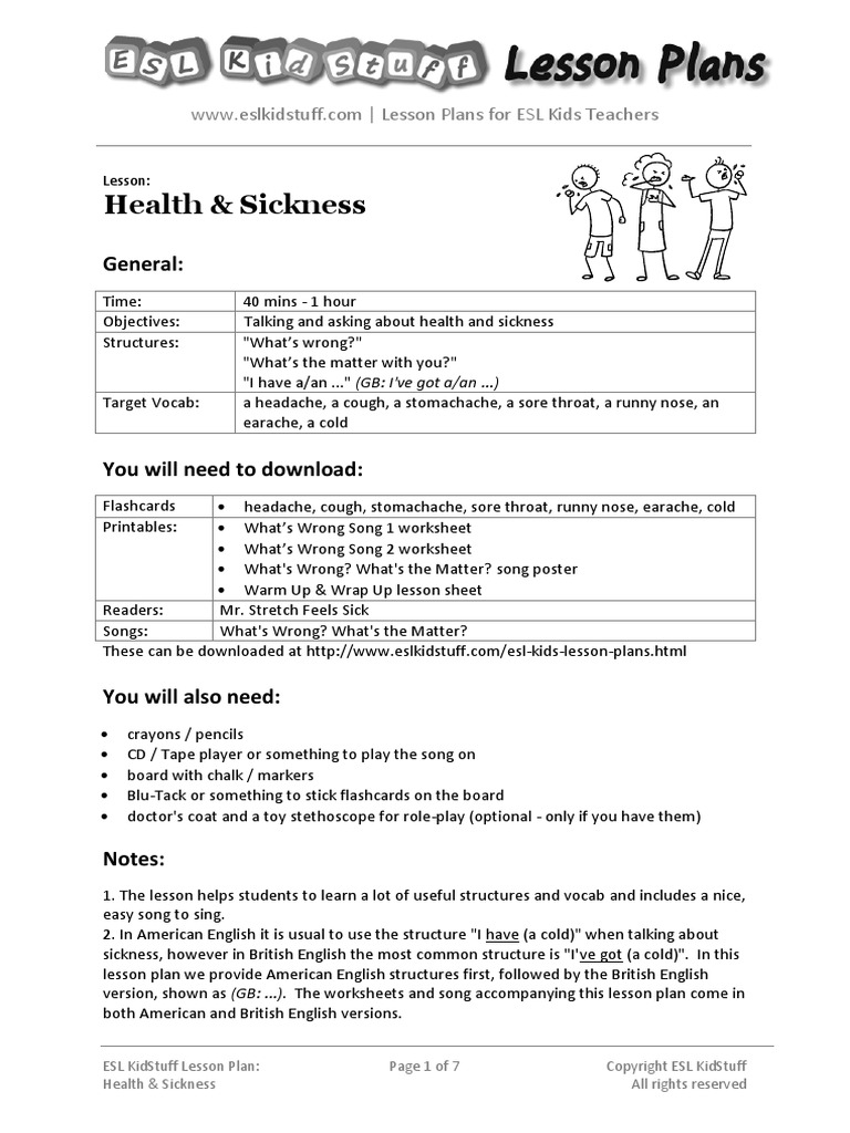 Health Sickness Lesson Plan | Lesson Plan | English As A Second Or ...