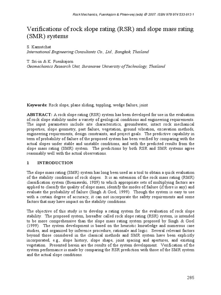 21 Verifications of Rock Slope Rating and Slope Mass Rating | PDF ...