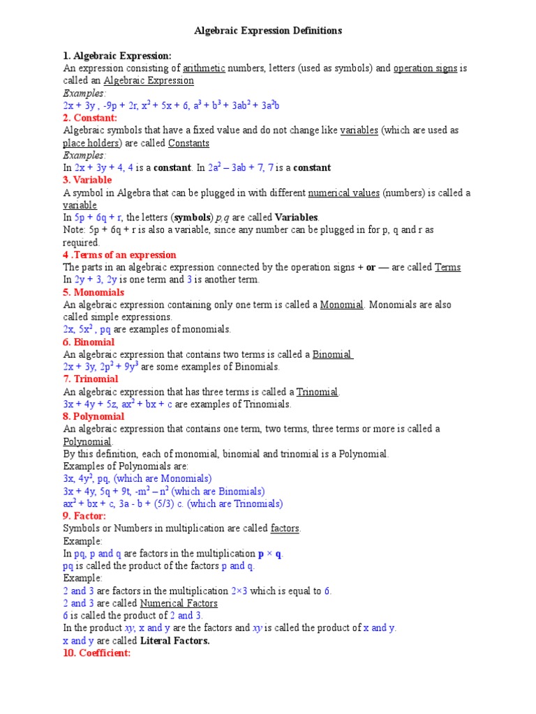 Algebraic Expression Definitions | PDF | Exponentiation | Polynomial