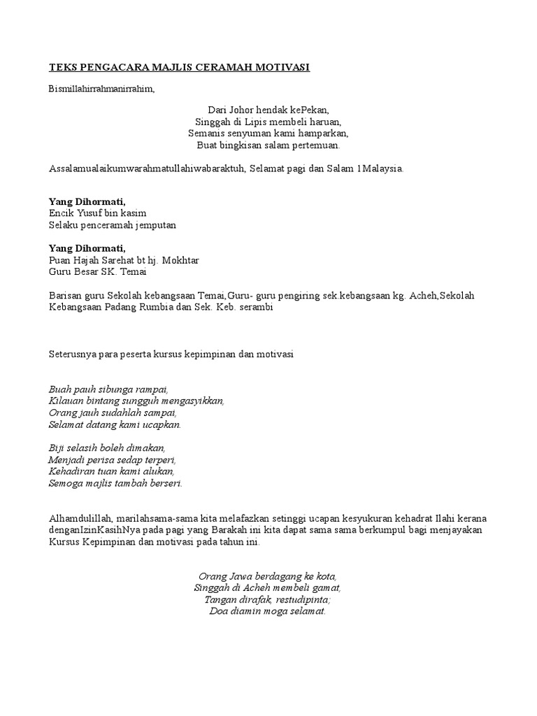 Teks Pengacara Majlis Ceramah Motivasi | PDF