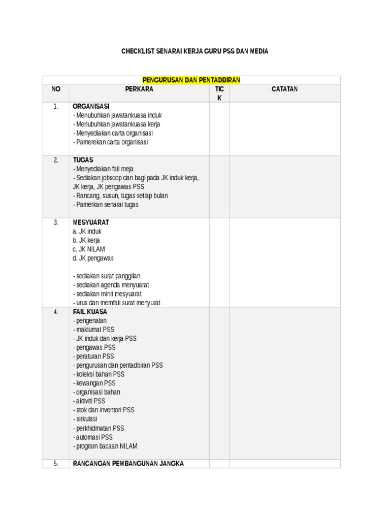 Checklist Senarai Kerja Guru Pss Dan Media | PDF