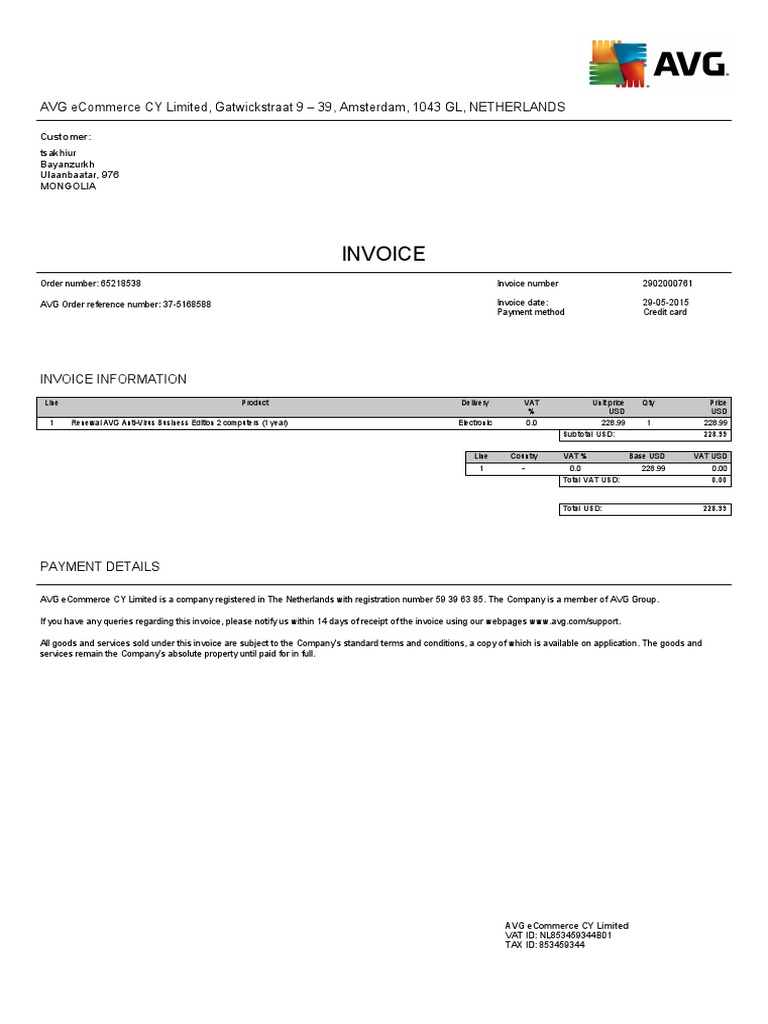 Invoice: Avg Ecommerce Cy Limited, Gatwickstraat 9 - 39, Amsterdam ...