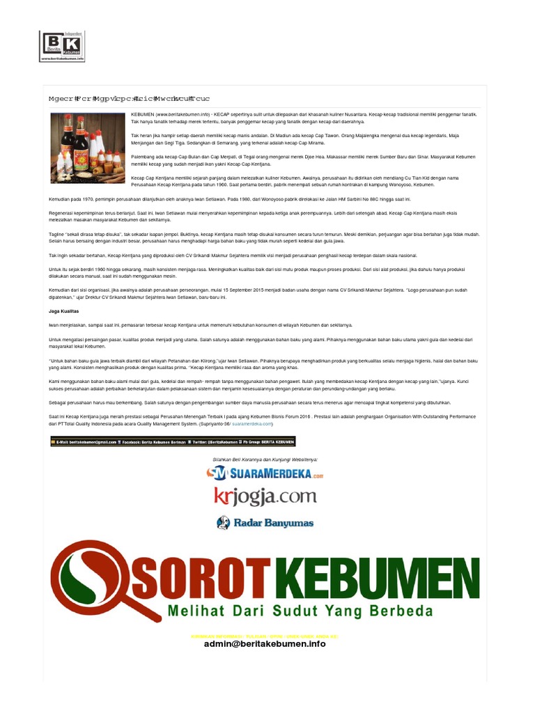 Kecap Cap Kentjana Jaga Kualitas Rasa - Berita Kebumen On Line | PDF