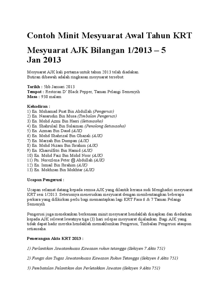 Contoh Minit Mesyuarat Awal Tahun KRT | PDF