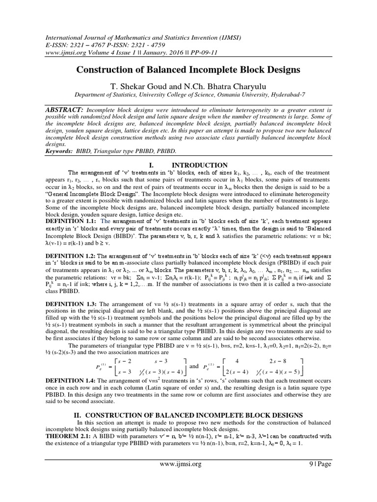 Construction of Balanced Incomplete Block Designs | Discrete ...