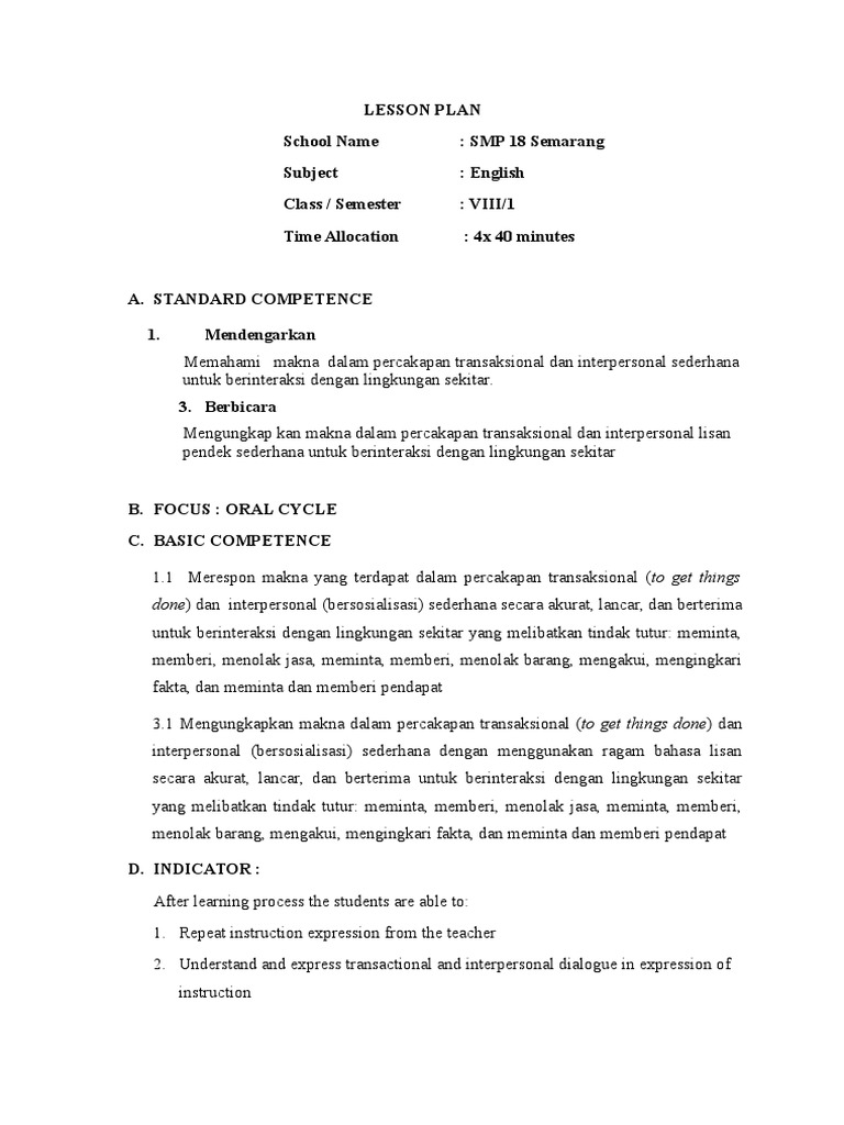 Lesson Plan School Name: SMP 18 Semarang Subject: English Class ...