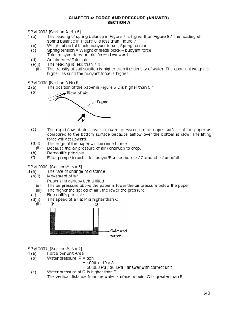 Chapter 4: Force and Pressure (Answer) Section A | PDF