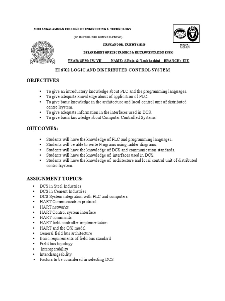 Objectives: Ei 6702 Logic and Distributed Control System | PDF