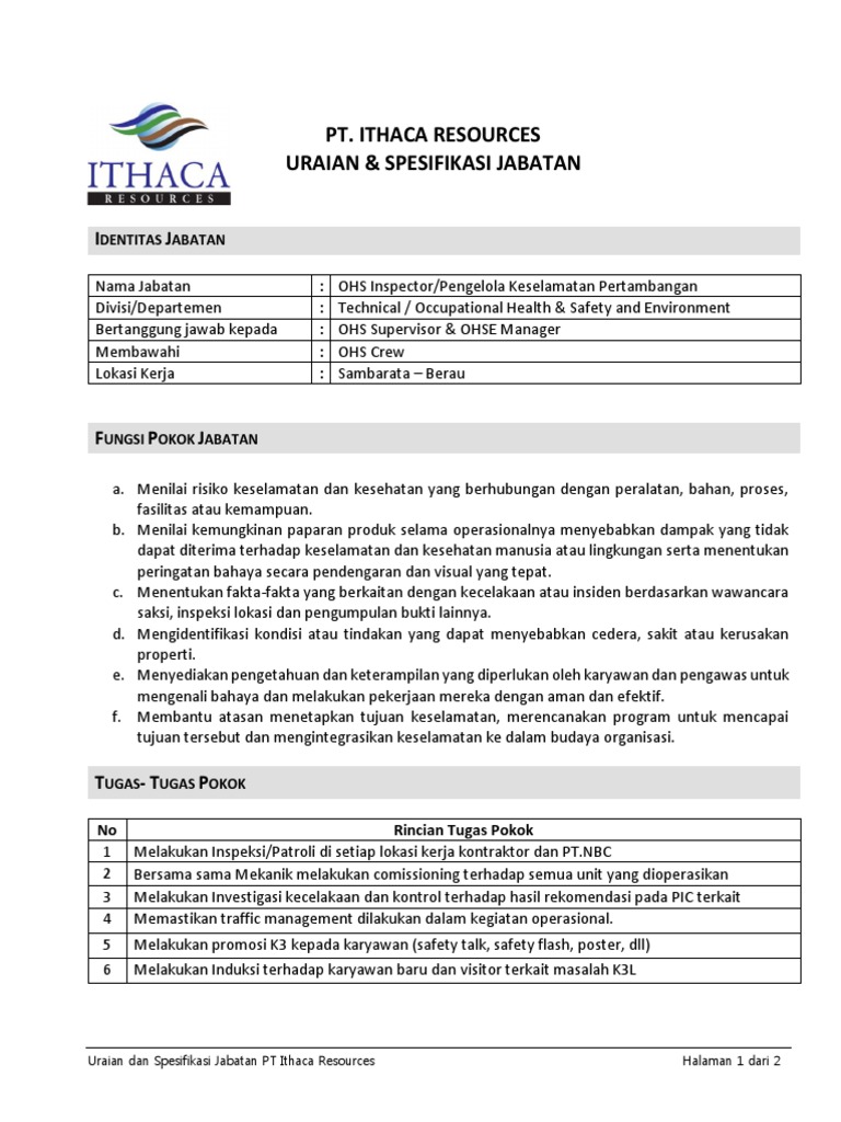 Job Description OHS Inspector | PDF