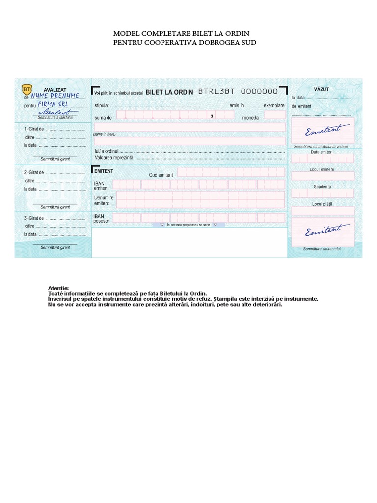 Model Bilet La Ordin