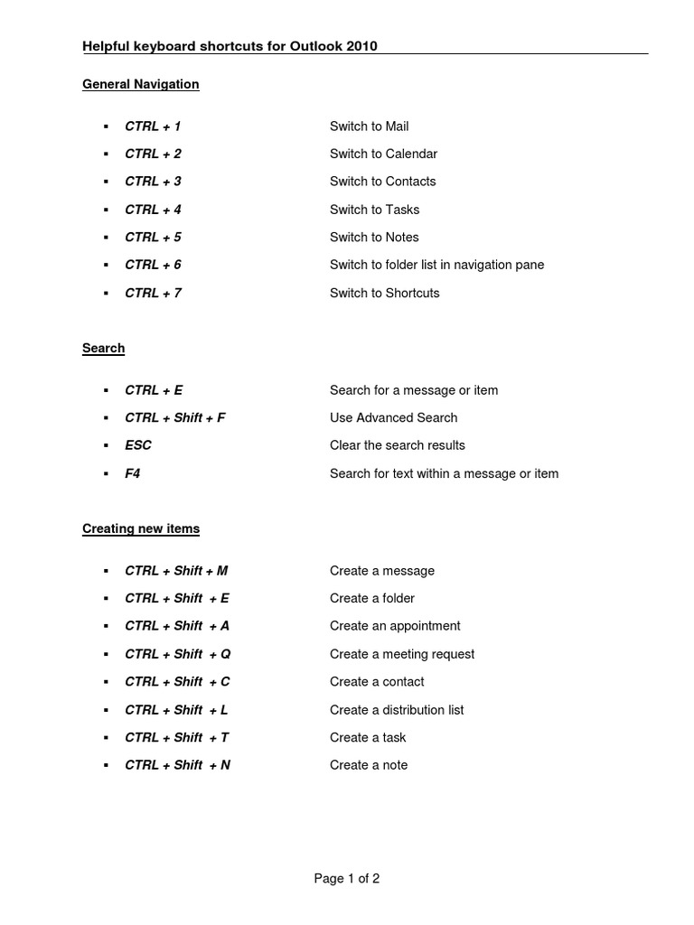 Helpful Keyboard Shortcuts For Outlook 2010: General Navigation | PDF